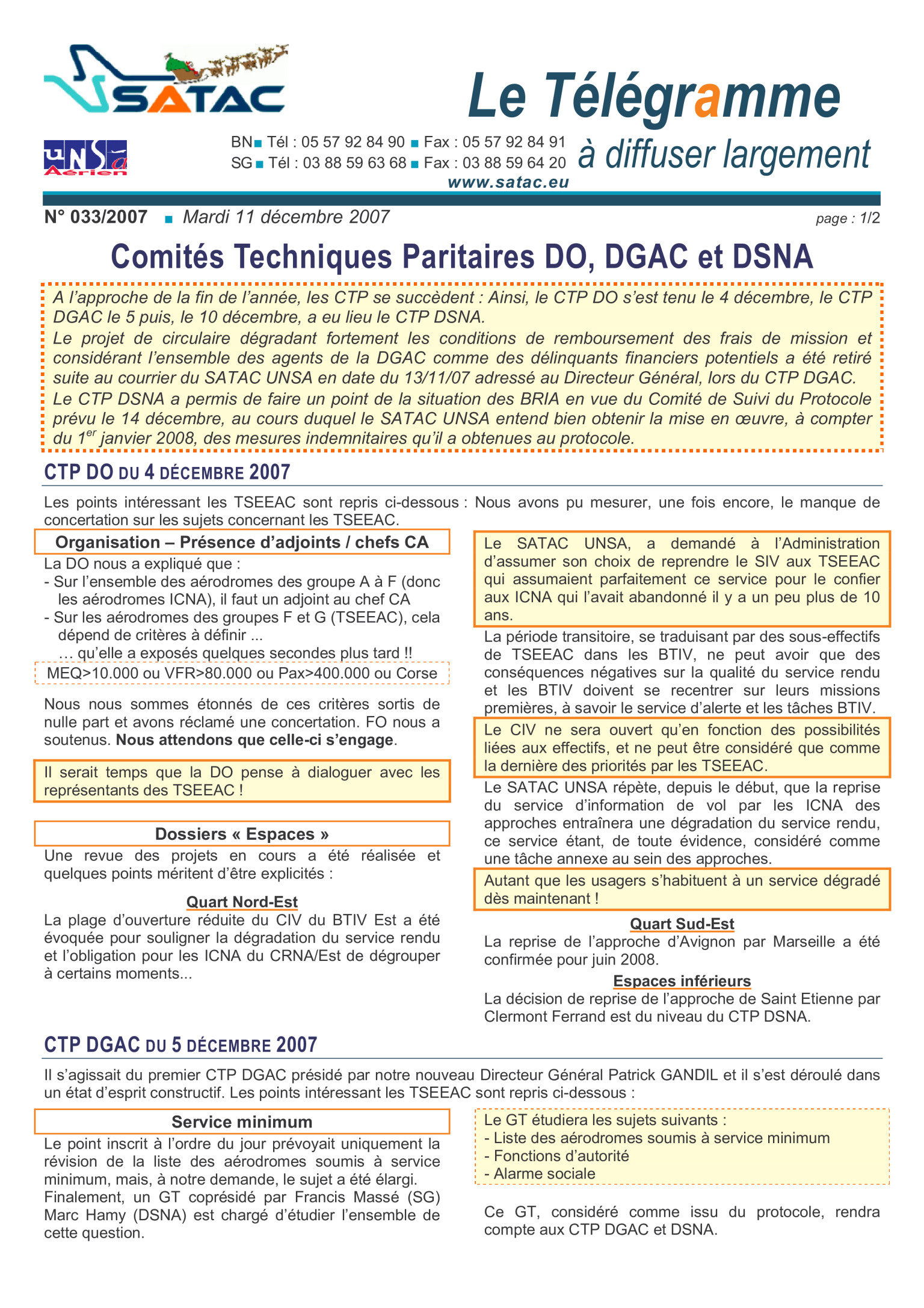 Comités Techniques Paritaires DO, DGAC et DSNA – UNSA-UTCAC