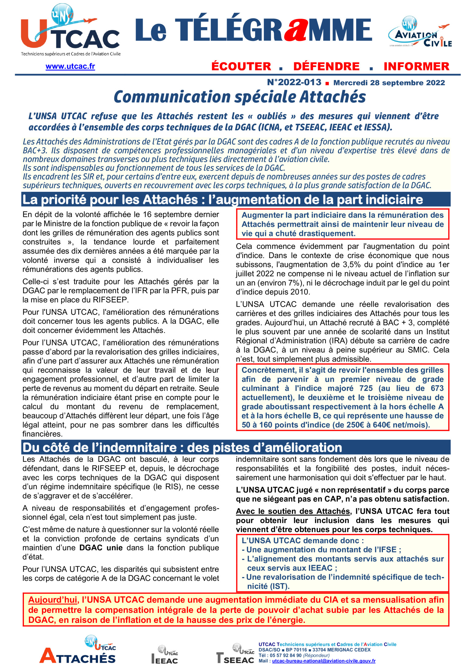 Communication spéciale Attachés – UNSA-UTCAC