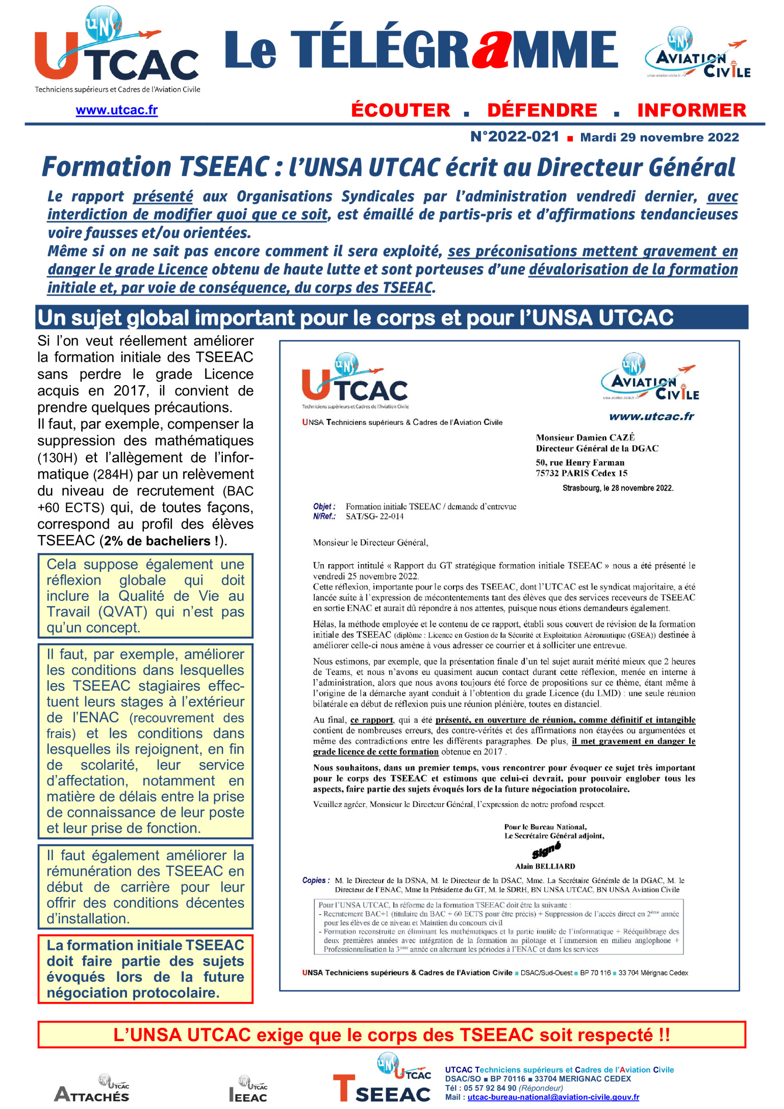 Formation TSEEAC : l’UNSA UTCAC écrit au Directeur Général – UNSA-UTCAC