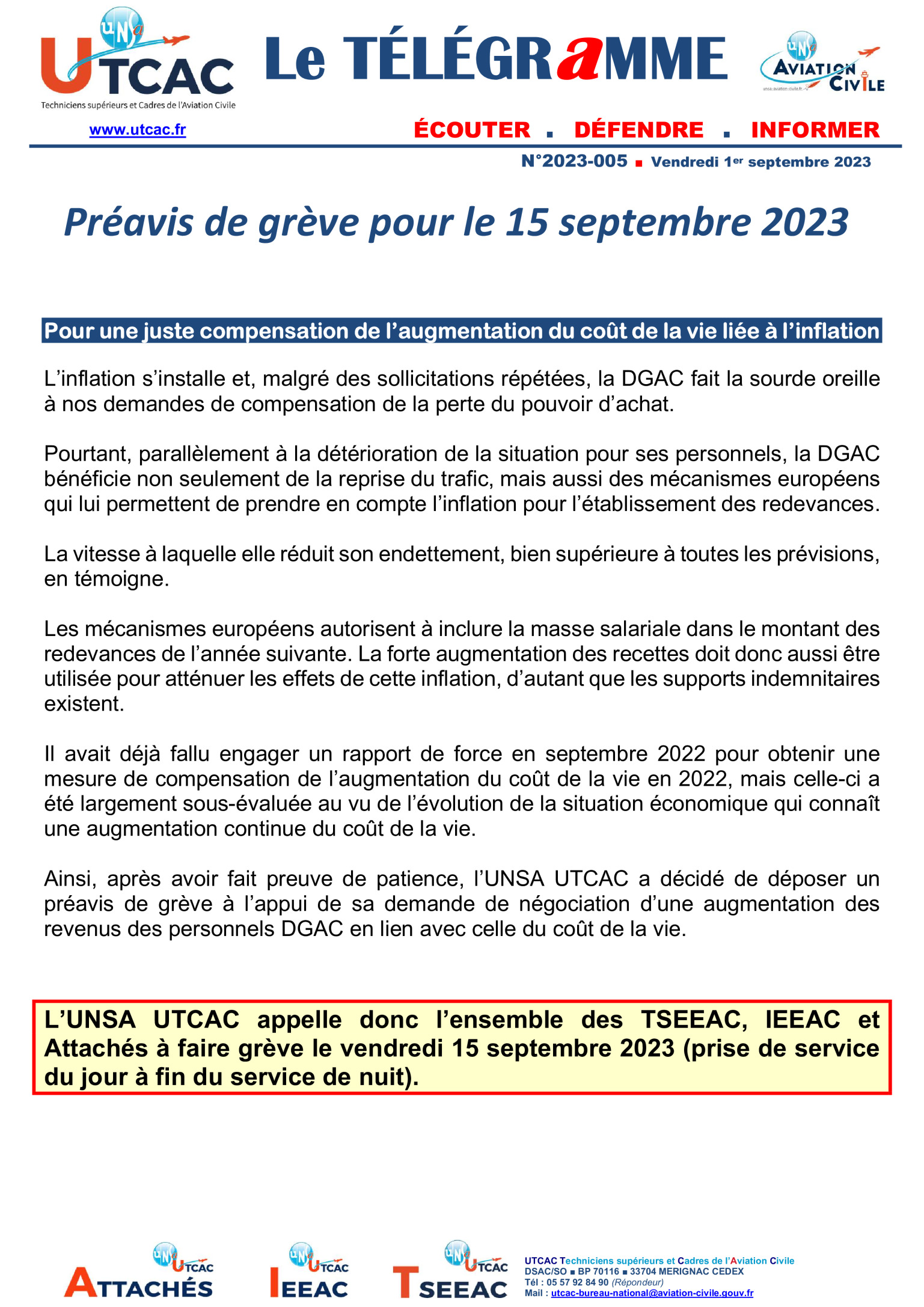 Préavis de grève pour le 15 septembre 2023 – UNSA-UTCAC Préavis de grève pour le 15 septembre 2023 – UNSA-UTCAC