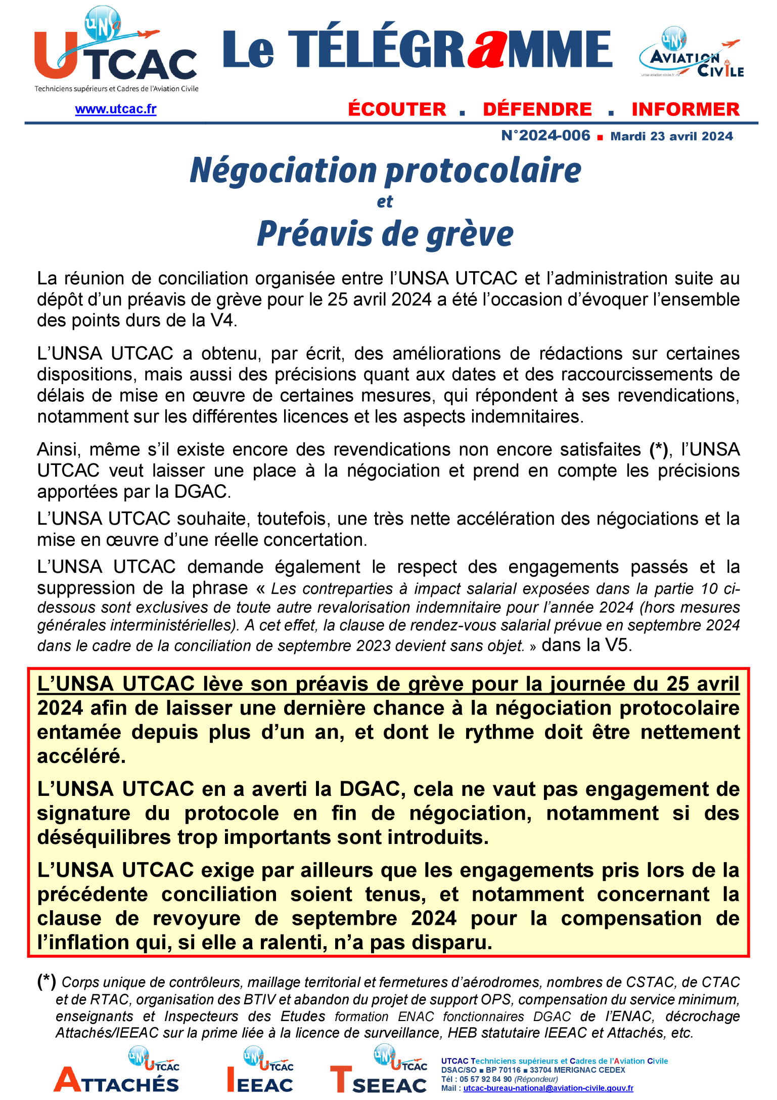 Négociation protocolaire et préavis de grève – UNSA-UTCAC